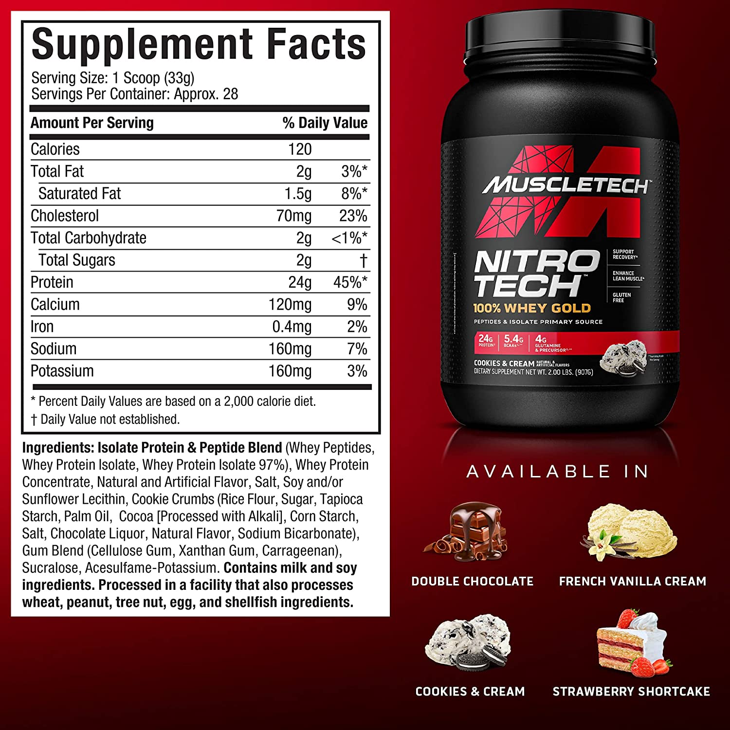Muscletech Nitrotech 100% Whey Gold, Cookies & Cream, 2 Lbs - Nutrition ...
