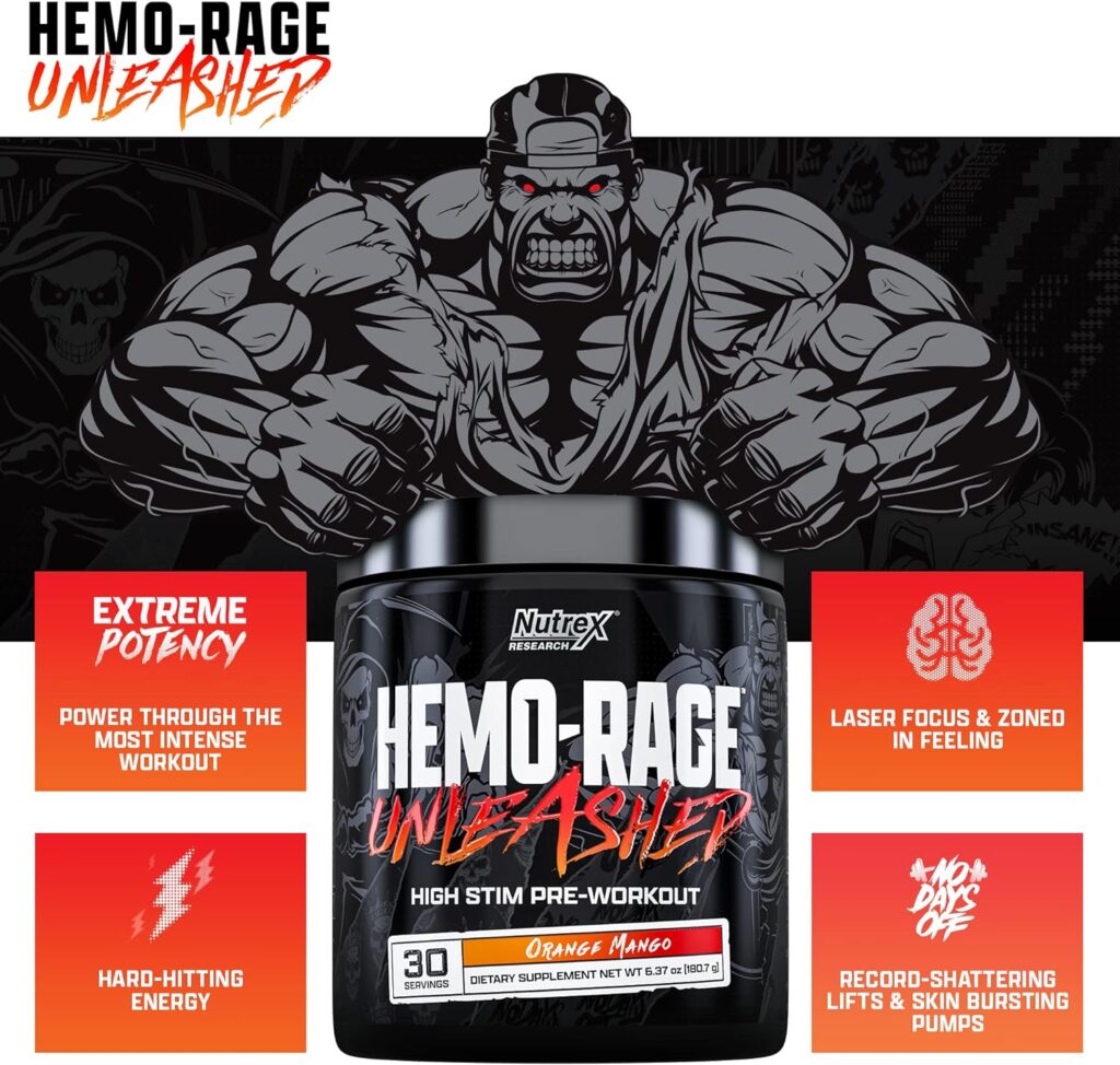 Nutrex Hemo-Rage Unleashed High Stim Pre Workout, Orange Mango, 30 ...